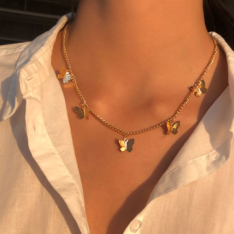 Gold Chain Butterfly Pendant Choker - Awessories